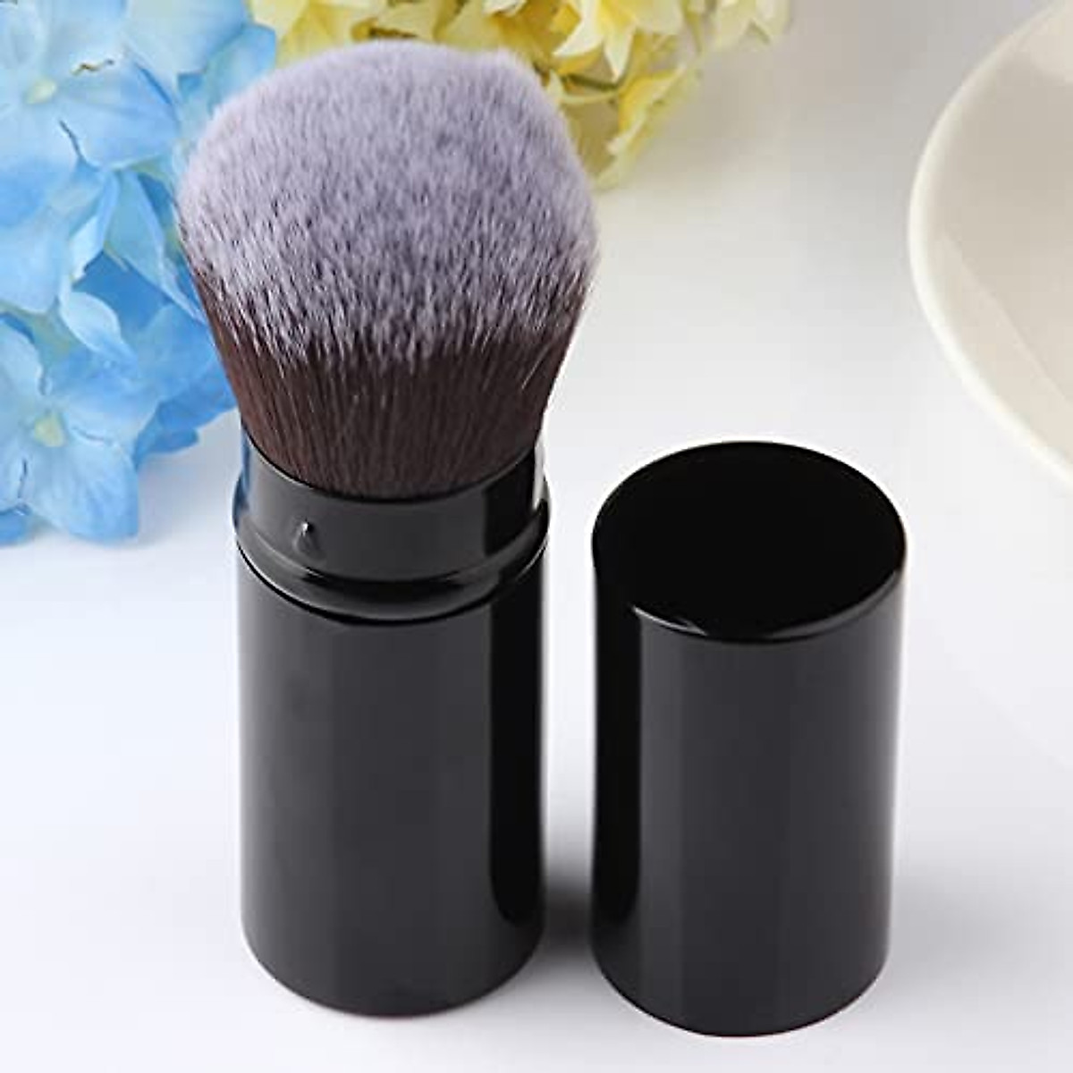 RN BEAUTY Retractable Kabuki Brushes Foundation Brush Powder Brush Blush Brush Extensible Makeup Brush Face Blender Brush Professional Mineral Blending Buffing Concealer Brush Aluminum Case Portable With Cover (Round Top, Black)