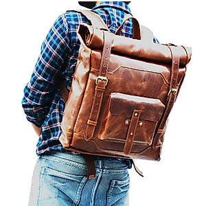 Erangle Men Genuine Leather Laptop Backpack Rucksack Shoulder Roll on Vintage Travel Bag Brown (Brown, 14” (L) x 24” Open (H) – 16” Rolled x 4” (W))