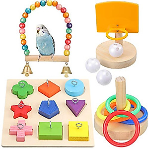 Frienda 4 Pieces Bird Training Toy Set Include Wooden Bird Block Puzzle Toy Parrot Training Basketball Colorful Stacking Rings Toy Birds Swing Perch for Parrots