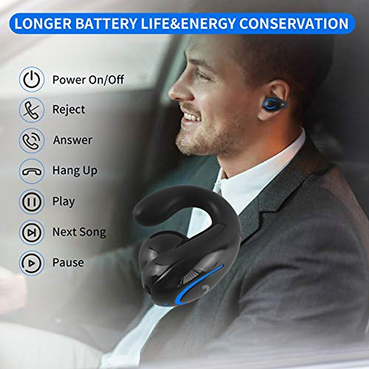 Bluetooth Headset, Sunffice Single Ear BT5.0 Ultralight Wireless Headphone Cell Phone Earpiece Ear Clip with Mic, Noise Canceling Handsfree Driving Earbud for iPhone, Android,Samsung Smartphone(Black)