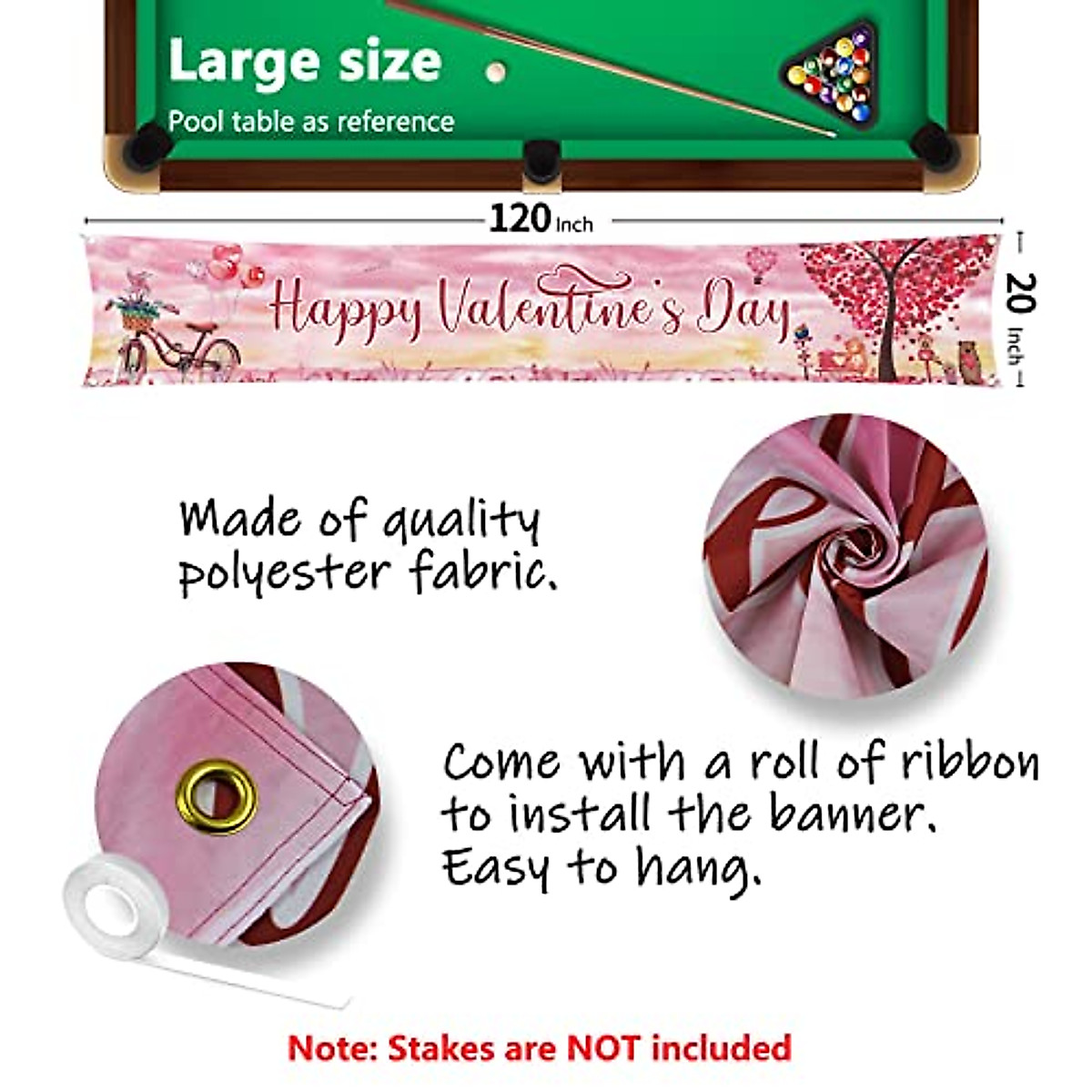 Large Happy Valentines Day Banner Outdoor Decorations 120" x 20" Valentine's Yard Sign Pink Hearts Tree Bicycle Balloons Bears Flowers Birds Holiday Party Supplies Valentine Backdrop Home Decor with Brass Grommets for Garden House Fence Garage Indoor Gift