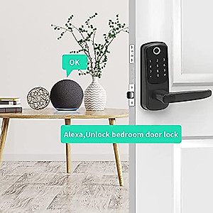 Alexa Door Locks for Front Door, Gimkok 6-in-1 Keyless Front Door Lock Alexa with Reversible Handle for Home, Office, Voice Control, Use APP, IC Card, Anti-peep Code Door Lock Handle (Black)