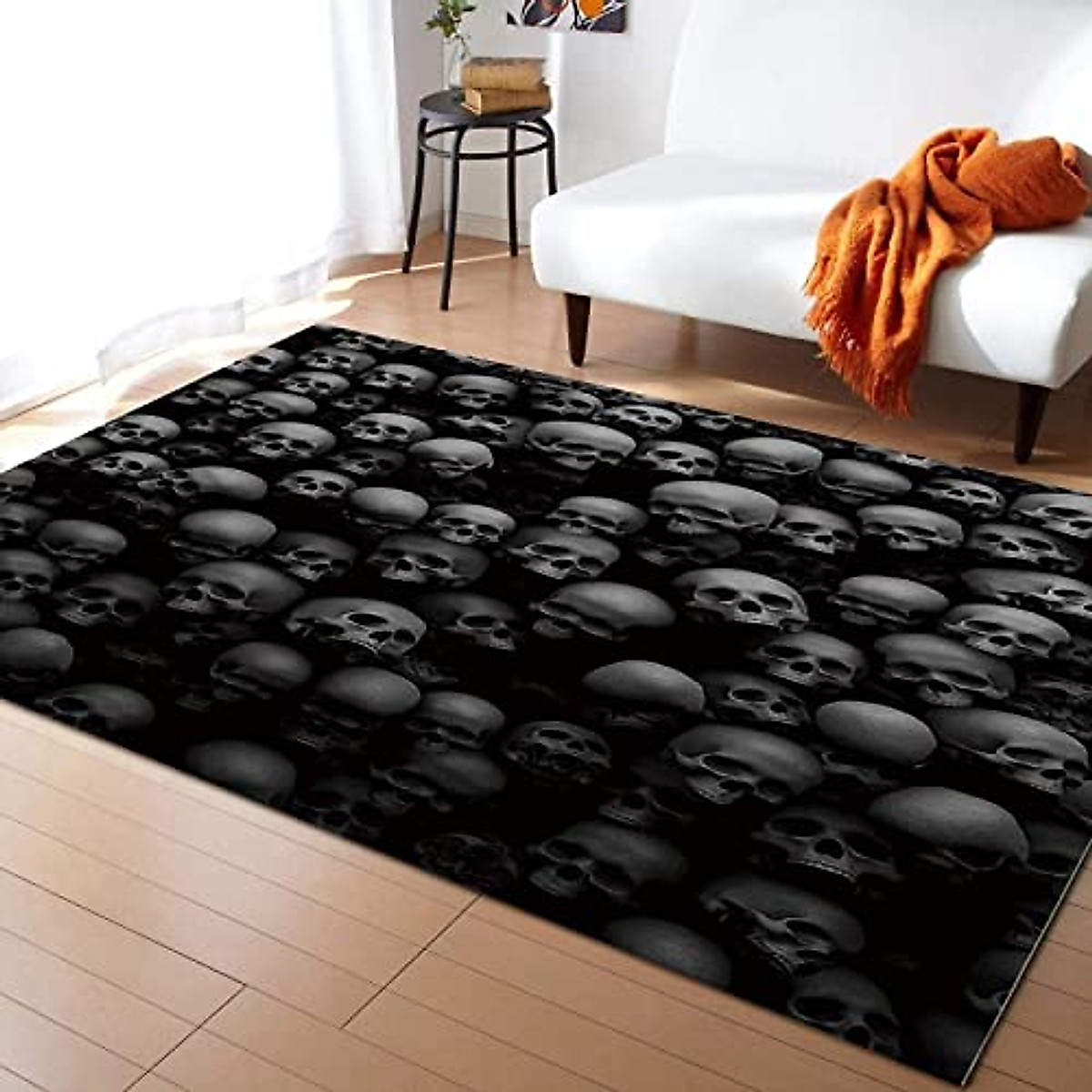 Black Horror Skull Head Area Carpet, Halloween Mysterious Abstract Decorative Rug, Printed Rugs Upholstery Rug with Non-Slip Backing for Living Room Bedroom Dining Room Office6 x 8ft