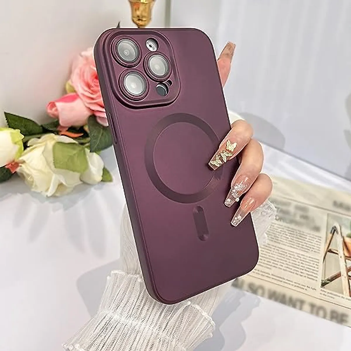 MZELQ Magnetic Case for iPhone 14 Pro Max Case [Compatible with Magsafe] with Camera Protection Cover Soft Silicone Shockproof Protective Design Phone Case for 14 Pro Max Women Girls 6.7" - Burgundy