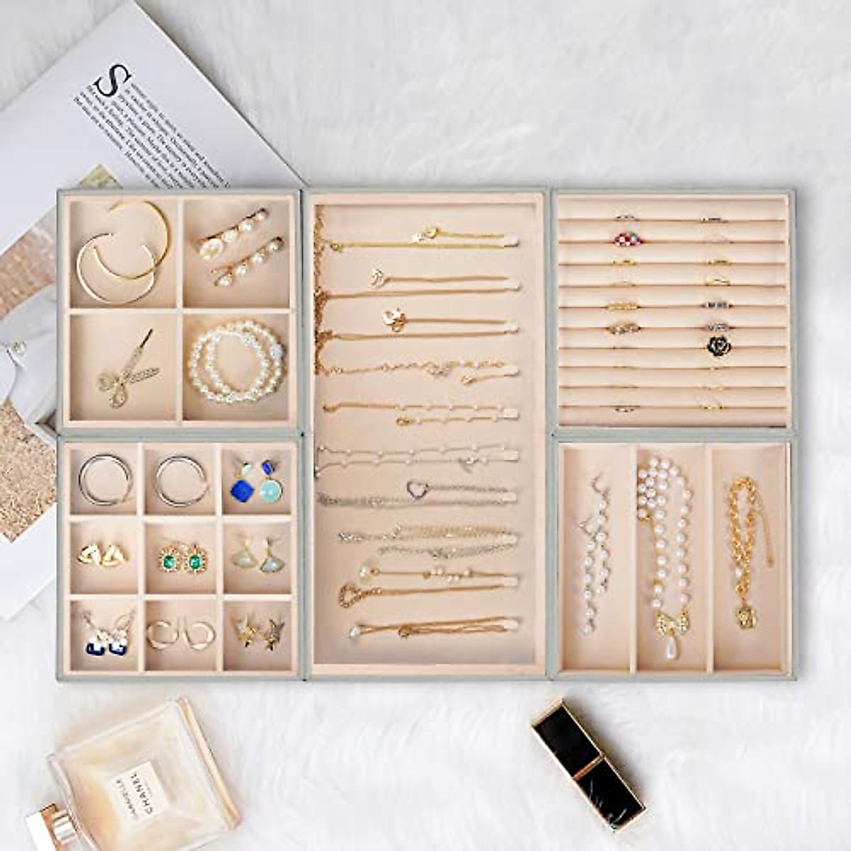 ProCase Jewelry Organizer Tray Drawer Inserts, Stackable Jewelry Drawer Dividers Container Necklace Display Trays Storage Box for Dresser Earring Rings Bracelet, Set of 5 - Grey