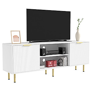 Furniwood TV Stand for 65+ Inch TV, Mid Century Modern TV Stand for Bedroom, TV Entertainment Center with Storage Cabinets, TV Consoles for Living Room, White