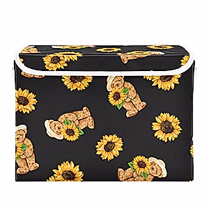 innewgogo Cute Bear and Sunflower Storage Bins with Lids for Organizing Decorative Callapsible Storage Basket with Handles Oxford Cloth Storage Cube Box for Clothes