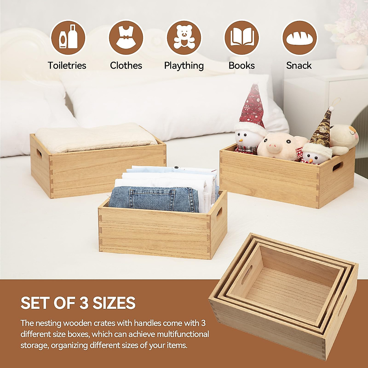 KIRIGEN Nesting Wood Crates with Handles Set of 3 - Farmhouse Decor Wooden Storage Containers/ Portable Rolling Tray Basket/ Crates Decorative Boxes Natural 3TH-NA