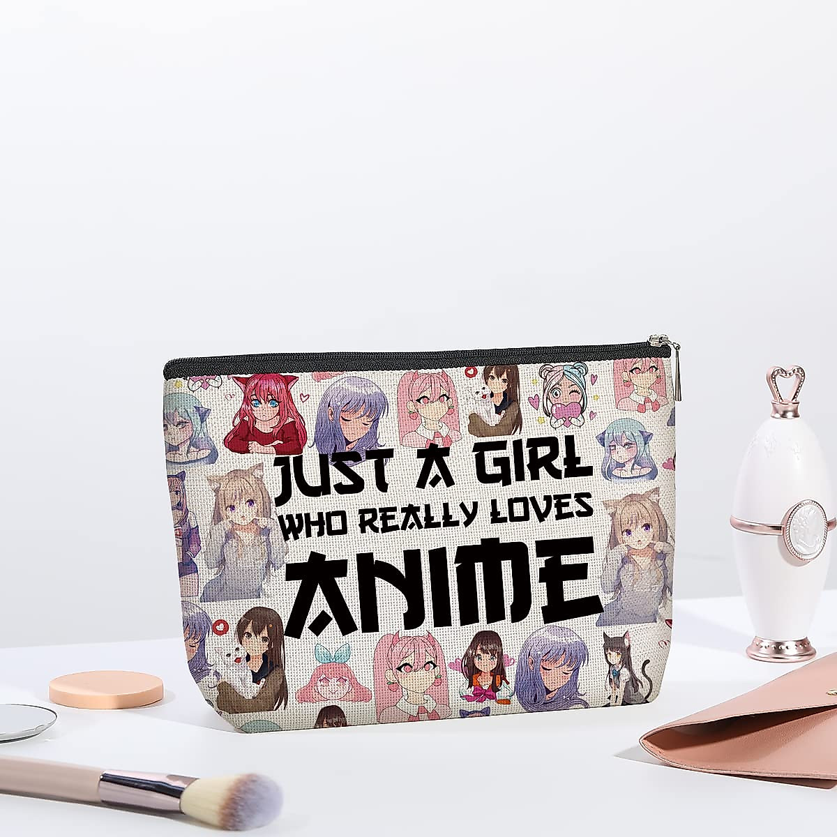 kdxpbpz Cosmetic Bag for Women, Waterproof Flax Material, Anime Lover Gifts for Girls, Travel Makeup Organizer Zipper Pouch