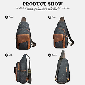 Handadsume Water Resistant Canvas + Leather Hiking Travel One Shoulder DayPack Backpack Sling Crossbody For Men Women FB8013 (Black)