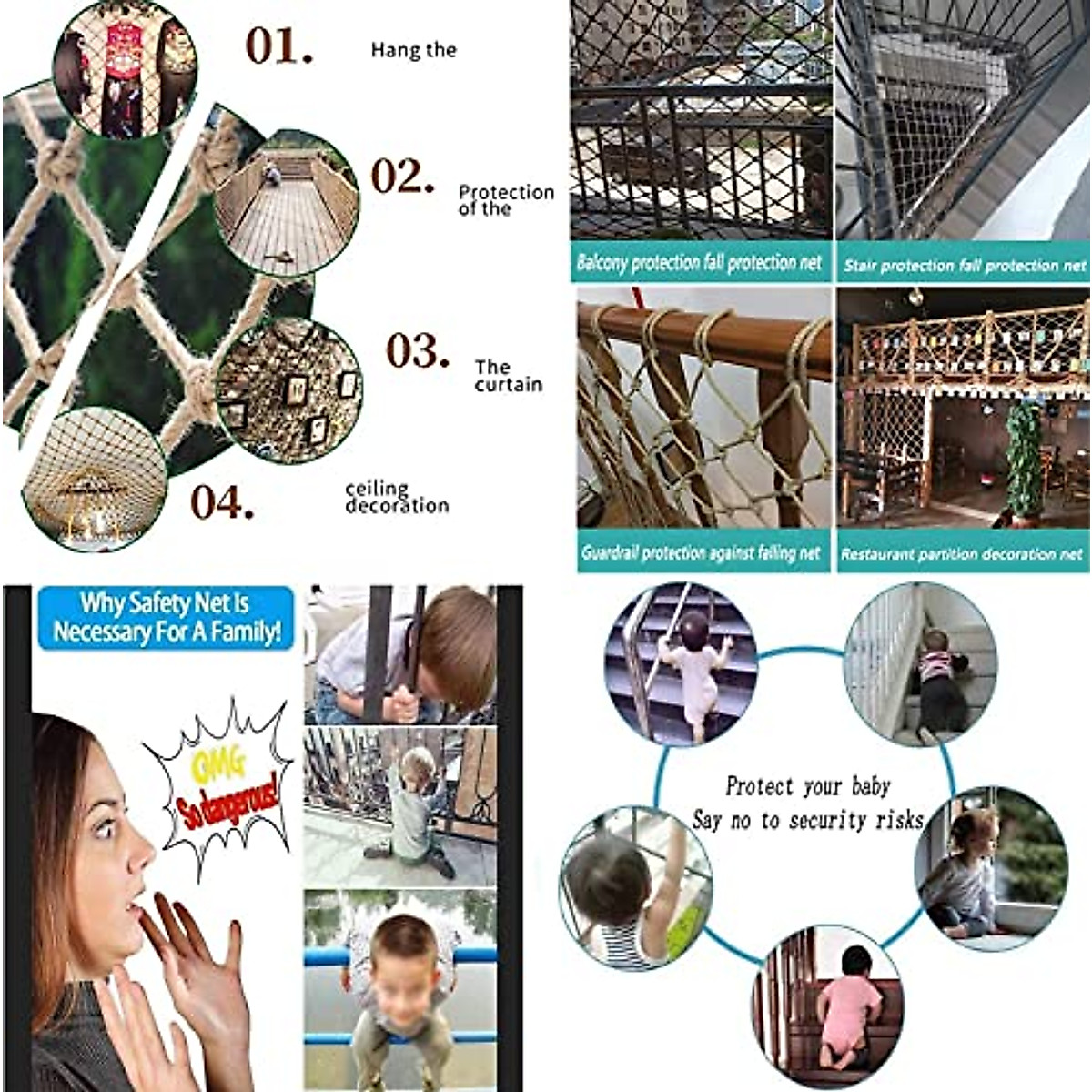 KACQIHTU Hemp Rope Net Child Safety Net Rope Fence Stairs Balcony Railings Garden Playground Safety Protection Rope Netting Climbing Net for Kids