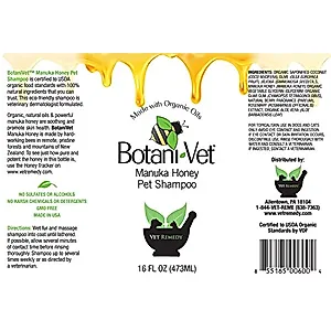 BotaniVet Certified Organic Manuka Honey Pet Shampoo 16 Oz - 100% Natural Ingredients - Veterinary Dermatologist Formulated for Allergies and Itching