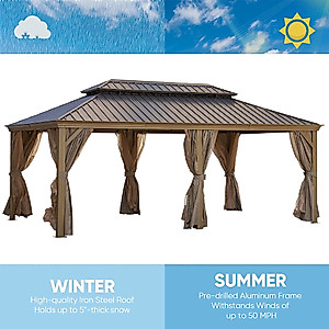 URTR Gazebo 12x20 FT, Outdoor Gazebo with Double Galvanized Steel Hardtop Roof, Permanent Hardtop Gazebo with Netting and Curtains, Patio Gazebo Pergola Pavilion for Gardens, Backyard Deck, Lawns
