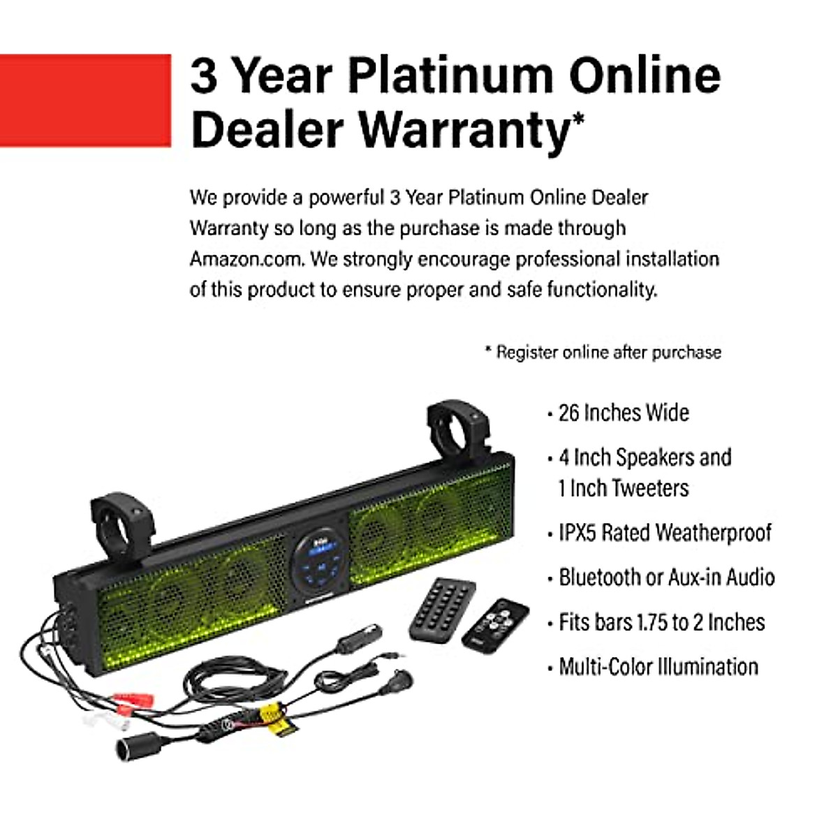 BOSS Audio Systems BRT26RGB ATV UTV Sound Bar System - 26 Inches Wide, IPX5 Rated Weatherproof, Bluetooth Audio, Amplified, 4 inch Speakers, 1 Inch Tweeters, USB Port, RGB Multicolor Illumination