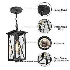 Outdoor Pendant Light Fixture, Farmhouse Exterior Hanging Lights with Water Ripple Glass, Black Ceiling Outdoor Rectangle Hanging Lantern Light for Front Door, Entry, Porch, and Gazebo