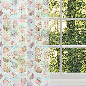 Ambesonne Dessert Tulle Curtains with Rod Pocket, Repeating Pattern of Yummy Cupcakes with Rose and Cherry Toppers on Hearts Backdrop, Sheer Drape for Wedding Party 2 Panels, 108" x 72", Multicolor