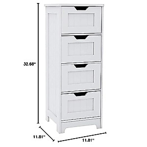 RASOO Bathroom Floor Cabinet White Freestanding Storage Organizer Cabinet with 4 Drawers for Bathroom, Living Room, Kitchen, 11.81"x11.81"x32.68"(LxWxH)