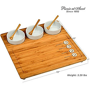 Picnic at Ascot Bamboo Cheese Board/Charcuterie Platter - Includes 3 Ceramic Bowls with Bamboo Spoons & Cheese Markers -13"x 13"- Designed and Quality Checked in the USA