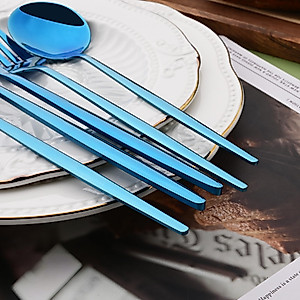 Uniturcky 62-Piece Blue Flatware Set for 8 Stainless Steel Silverware Set with Steak Knives, Plus Reusable Metal Straws and Butter Knives, Party Tableware Cutlery Set, Mirror Polished