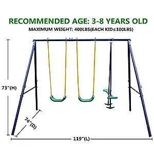 Prime Metal Swing Set Outdoor with Glider, 3 Seats, Durable Steel and Plastic Construction for Kids, Toddlers, Children Easy Assembly