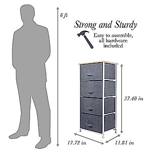 Simplify 4 Tier Vertical Storage Chest | Dresser | Nightstand | Fabric Drawers | Sturdy Steel Frame | Organizer | Bedroom | Closet | Easy to Assemble | Grey