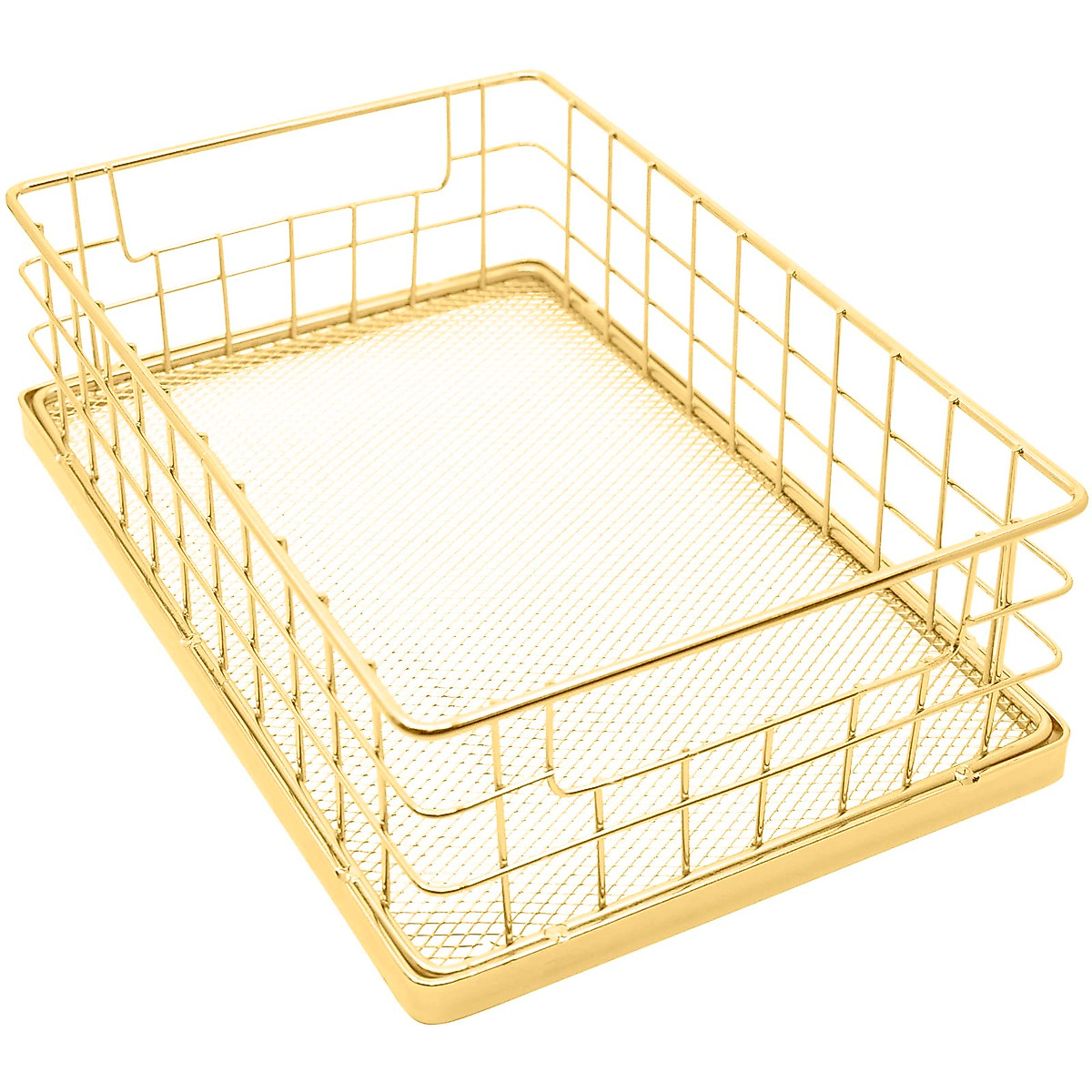 Set of 2 Stackable 10" Metal Wire Storage Basket Bins With Handles (Gold Woven Mesh Base)