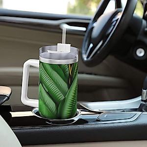 HULIBIN Banana Leaf Green Print Double Deck Stainless Steel Travel Coffee Cup With Lid 40 Oz Ice Bully Cup