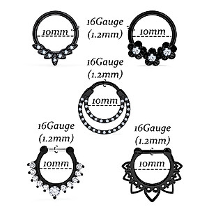 Vsnnsns 16G Septum Jewelry Septum Ring Piercing Jewelry Opal Septum Clicker Ring and Horseshoe Barbell Stainless Steel Ring Septum Nose Rings Hoop for Men Women Black 10mm 9pcs