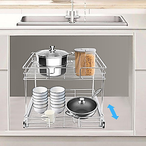 Sink Organizer and Storage,Multi-Purpose Cabinet Organizer,2-Tier Cabinet Pull Out Shelves,Pull Out Cabinet Organizer,Kitchen Helper,for Bathroom,Laundry Room,Kitchen,Pantry(Silver,21.5*19.5*15in)