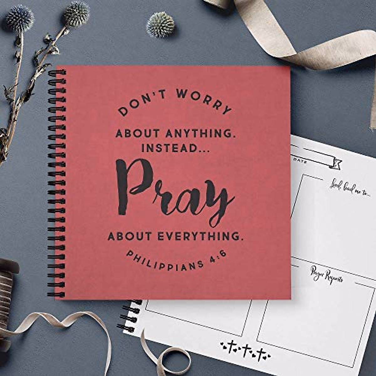 Softcover Pray 8.5" x 8.5" Religious Spiral Prayer Journal/Notebook, 120 Prayer Journal Pages, Durable Gloss Laminated Cover, Black Wire-o Spiral. Made in the USA