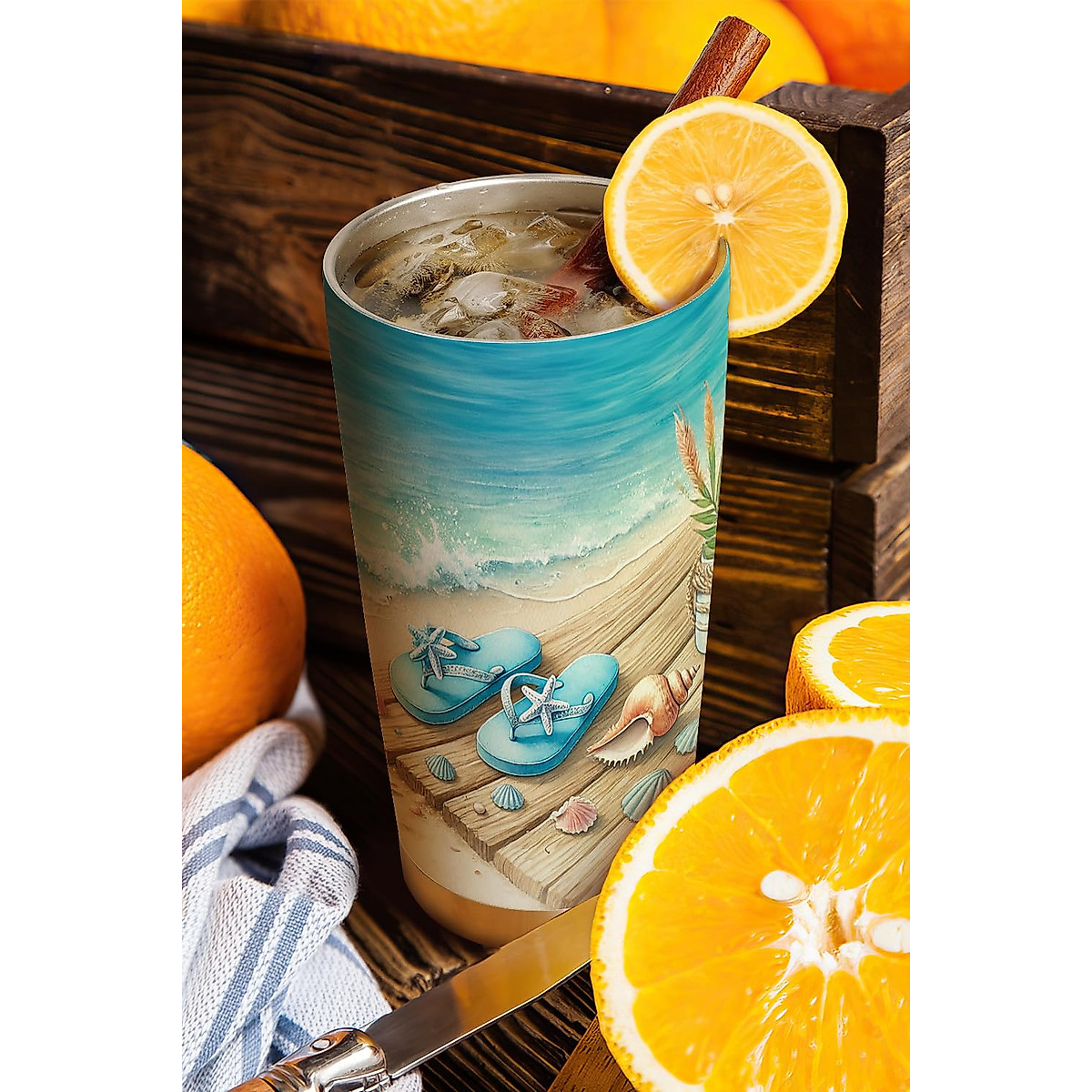 20oz Flip Flop Tumbler, Summer Sea, Ocean, Beach Gifts, Coffee Thermos for Women, Stainless Steel Double Wall Vacuum Insulated Coffee Mug, Travel Cup with Lid