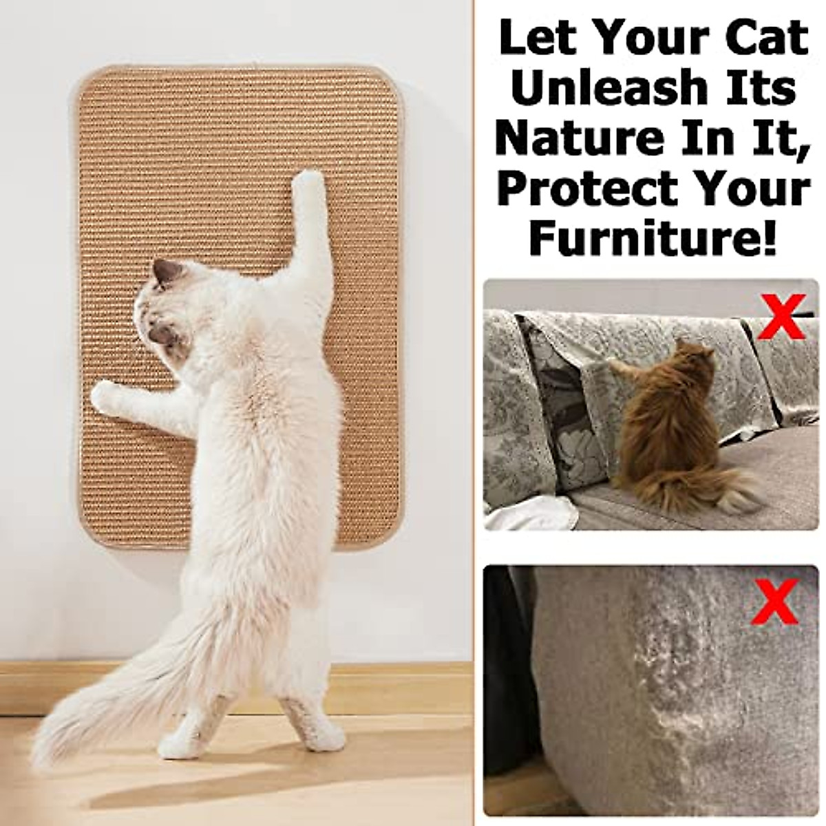 EZMeetU Cat Scratcher Mat, 23.6 X 15.7 Inch Natural Sisal Cat Scratching Pad, Cat Scratch Pad Rug for Indoor Cats with Non-Slip Velcro, Cat Furniture Protector for Floors, Carpets, Walls, Cabinets