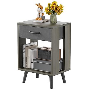 GYIIYUO Nightstand with Fabric Storage Drawer and Open Wood Shelf, Side Table with Storage for Bedroom, Night Stand with Drawer for Bedroom, Bedside Tables - Rustic Brown - Gray, Grey