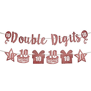 Excelloon Double Digits 10th Birthday Banner Decorations for Girl, Rose Gold Glitter 10 Year Old Happy Birthday Party Supplies, Perfect for Ten Years Birthday Party Decoration Sign