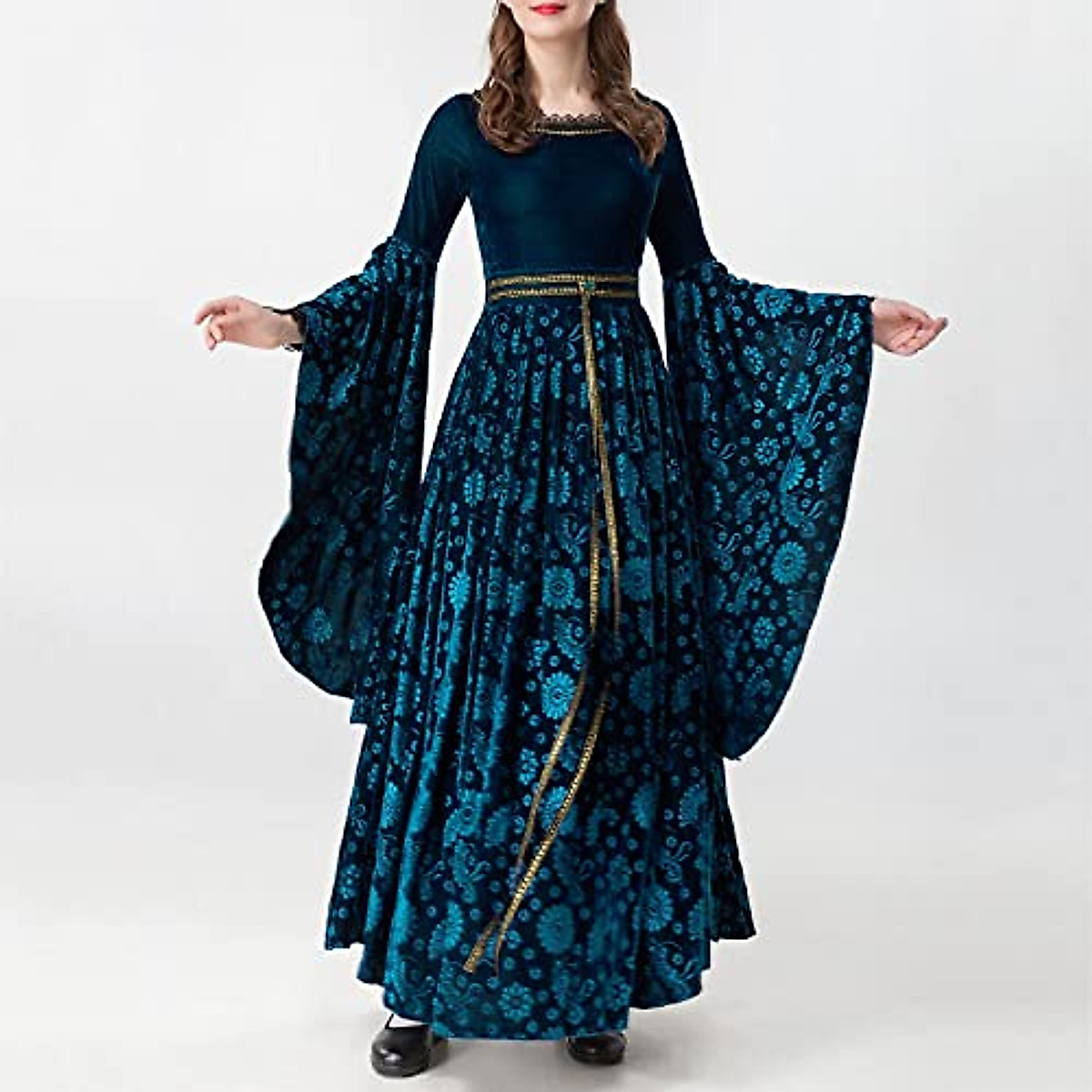 Women Long Sleeve Lace O Neck 2pices Set Cosplay Retro Dress Great Maxi Vintage For Cosplay Dress With Cloak Sprint