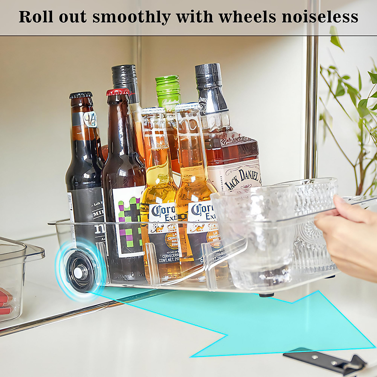 MANO 2 Pack Divided Rolling Refrigerator Tray Clear Roll Out Fridge Caddy Organizer with Wheels for Veggie Pantry Snackle Box Under Sink Bathroom Organizer and Storage Bins