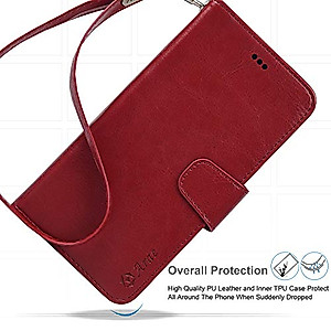 Arae Wallet Case for iPhone XR PU Leather flip case Cover [Stand Feature] with Wrist Strap and [4-Slots] ID&Credit Cards Pocket for iPhone XR 6.1 inch (Wine red)