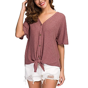IWOLLENCE Womens Waffle Knit Tunic Blouse Tie Knot Short Sleeve Henley Tops Loose Fitting Bat Wing Shirts Rust Red, XL
