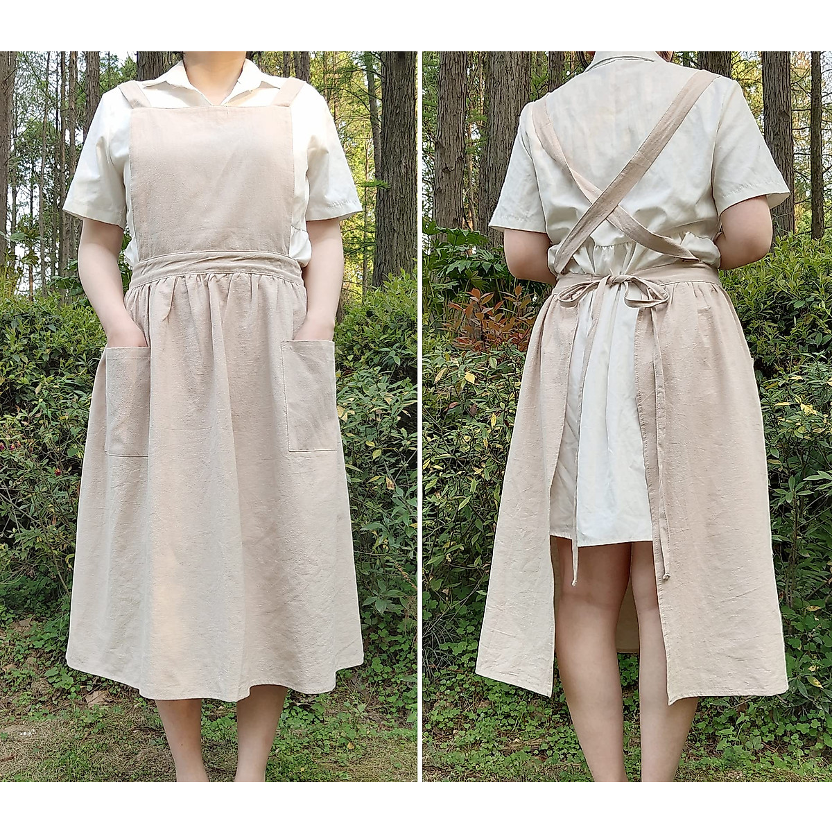 Cute Retro Cotton Linen X-Back Aprons Home Kitchen Garden Art Painting Pinafore Florist Shop Overalls (Beige, 39L)