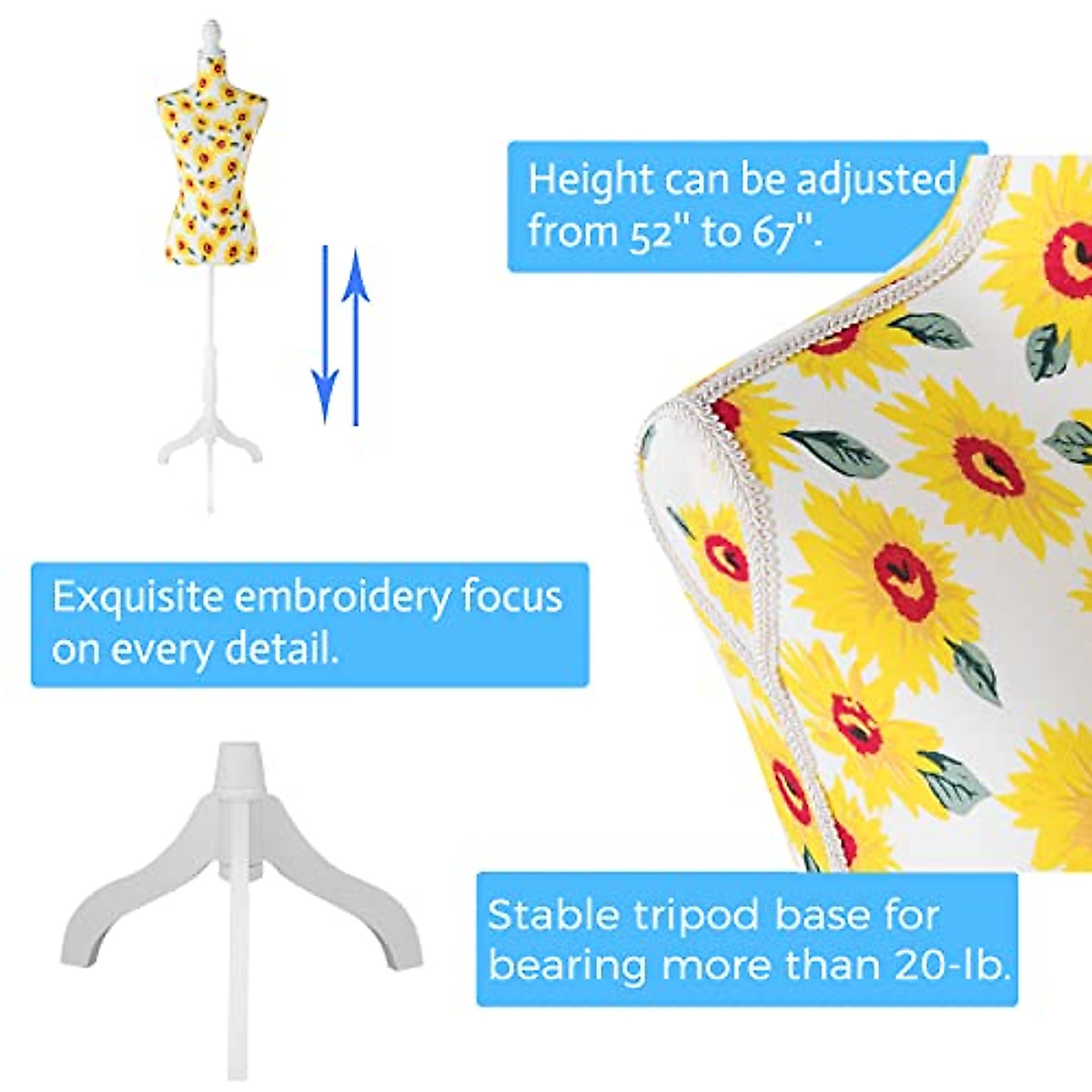 DRDINGRUI Dress Form w/ Stand, Female Mannequin Torso for Dress Jewelry Display, Floral Mannequin Body, Yellow Sunflower