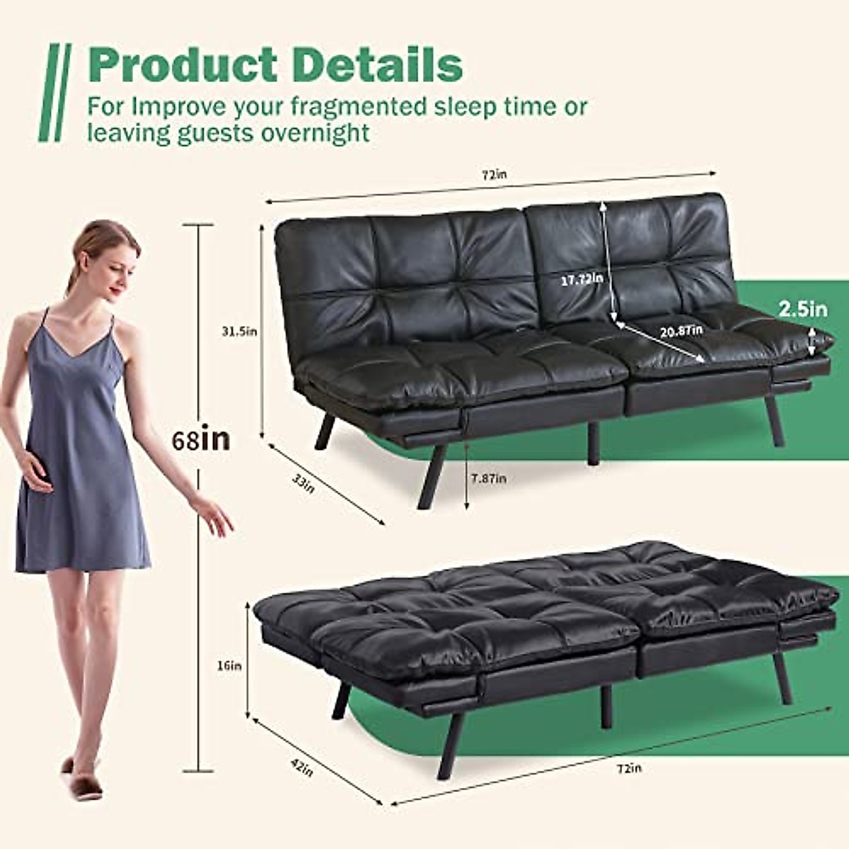 Vyfipt Futon Bed/Couch,Black Faux Leather Memory Foam Small Splitback Convert Backrests&Armrests,Easy to Clean Sofas, 71x33x31.5IN