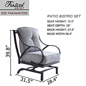 Festival Depot Patio Chair Set of 2 Metal Armchairs with Thick Cushions Outdoor Furniture for Bistro Deck Garden (Grey)