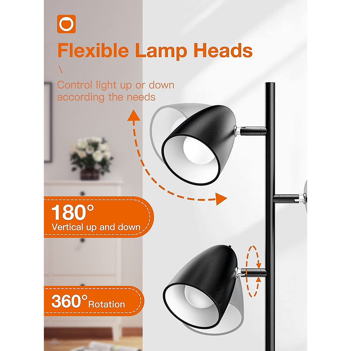 addlon Tree Floor Lamp with 3 Adjustable Rotating Lights and Matching LED Bulbs, Standing Tall Pole Lamps for Living Room, Bedroom, Home, Office - UL Listed, Black