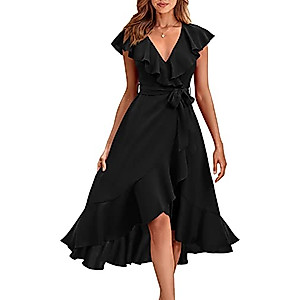 PRETTYGARDEN Women's Summer Wrap Maxi Dress Casual Boho Deep V Neck Short Sleeve Ruffle Hem Split Beach Long Dresses (Black,Large)