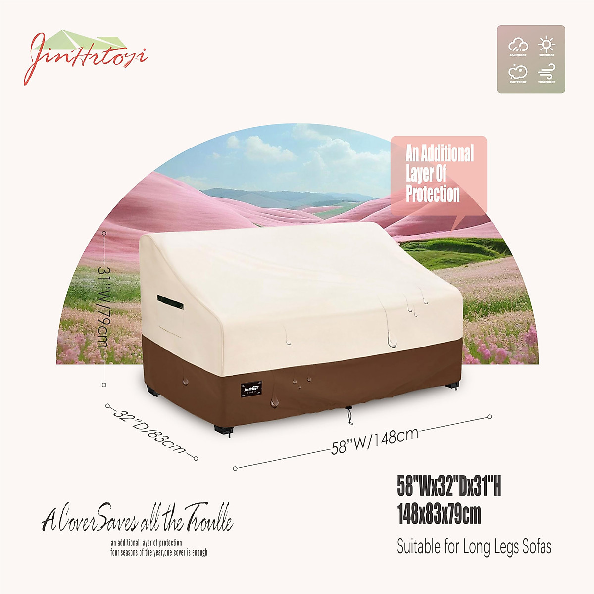 Jin Hrtoyi 2-Seater Outdoor Couch Cover,58" Wx32 Dx31 H Inches Patio Loveseat Cover,100% Waterproof Heavy Duty Patio Sofa Covers,Patio Furniture Covers,Beige&Brown