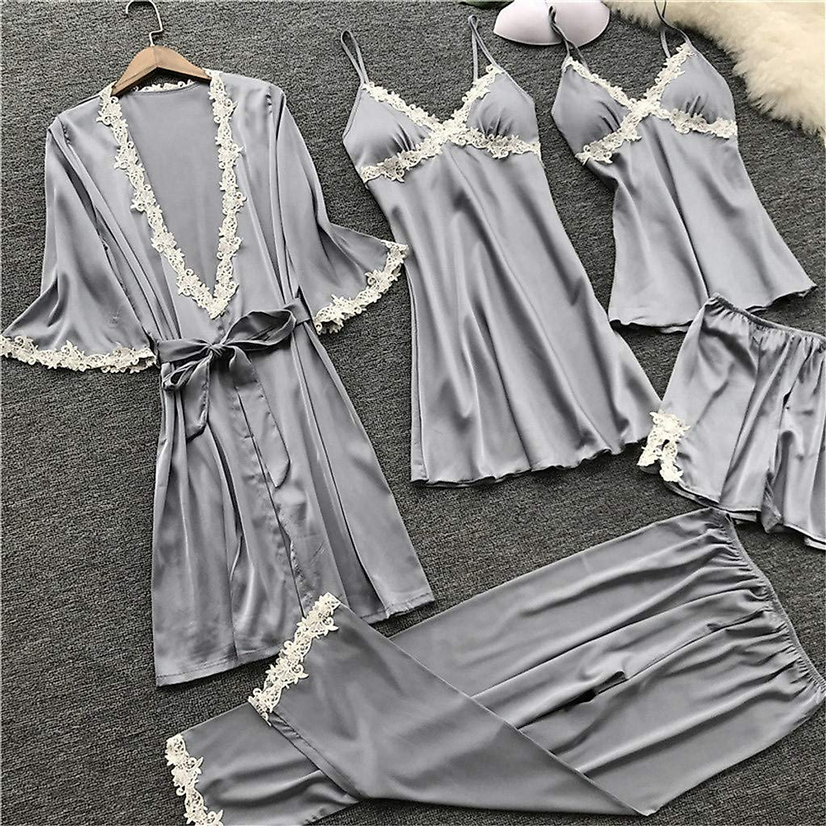Aniywn Bridal Lingerie for Women Sexy Bride Underwear Sleepwear Lingerie Lace Women Nightwear Sexy 5PC Negligee Lingerie Grey