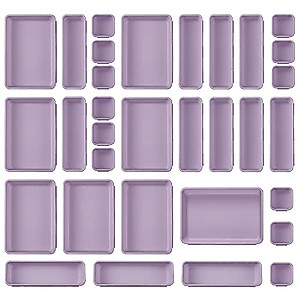 Purpeak 32 Pcs Desk Drawer Organizer Office Organization Tray Versatile Vanity Organizer with Nonslip Pads Makeup Organizer for Divider Drawer Storage Box Container for Kitchen Bedroom (Purple)
