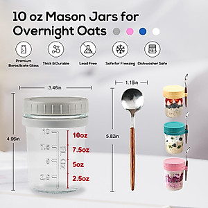 Overnight Oats Jars,Mason Jars for Overnight Oats with Lid and Spoon,10 Oz Glass Meal Prep Containers with Measurement Marks,Perfect Size for Overnight Oats,Salad Yogurt,Cereal,Fruit (4 PACK A)