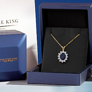Gem Stone King 2.39 Cttw 18K Yellow Gold Plated Silver Blue Sapphire and White Zirconia Pendant Necklace For Women | Gemstone September Birthstone | Oval 8X6MM | With 18 Inch Chain