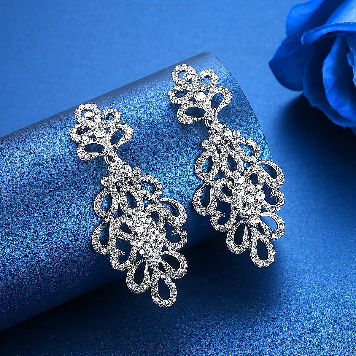 mecresh Wedding Teardrop Dangle Crystal Rhinestone Beaded Chandelier Silver Earrings for Brides